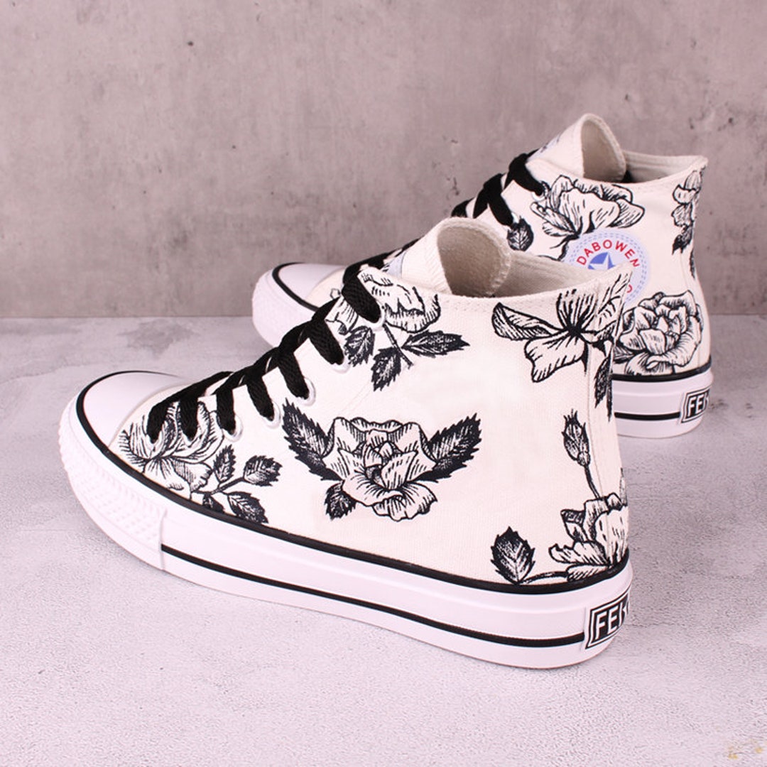 Hand Painted Flower Shoes,hi Top Custom Painted Shoes,casual Lace ...