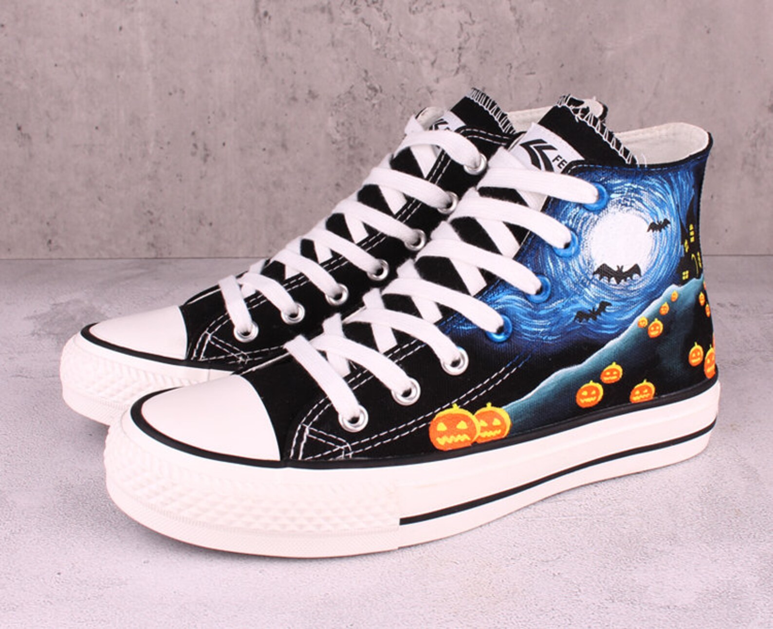 Hand Painted Pumpkin Bats Shoes,hi Top Custom Painted Shoes,casual Lace ...
