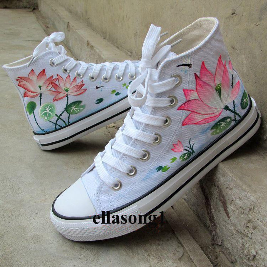 Hand Painted Lotus Shoes,hi Top Custom Painted Shoes,casual Lace ...