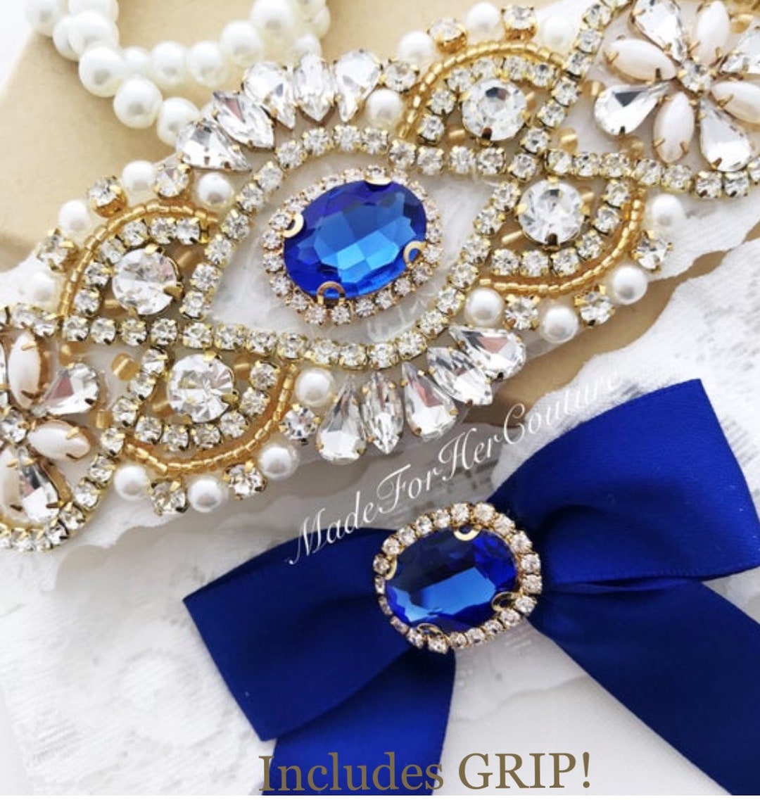 Royal Blue Garters for Wedding, Bridal Garter Set, Gold Garter for ...