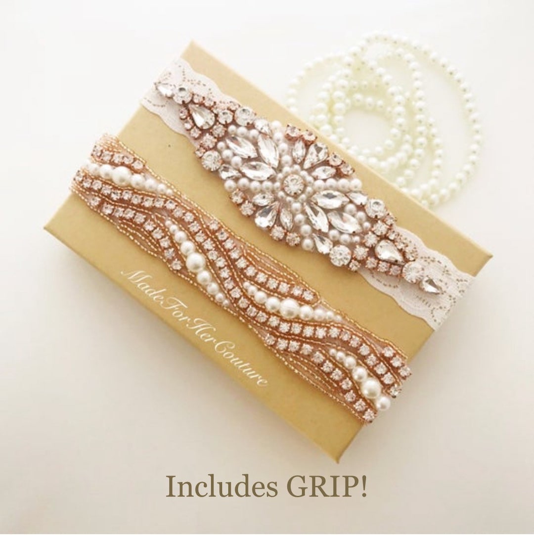 Rose Gold Wedding Garter Set: Rhinestone & Pearl Bridal Garters - Etsy