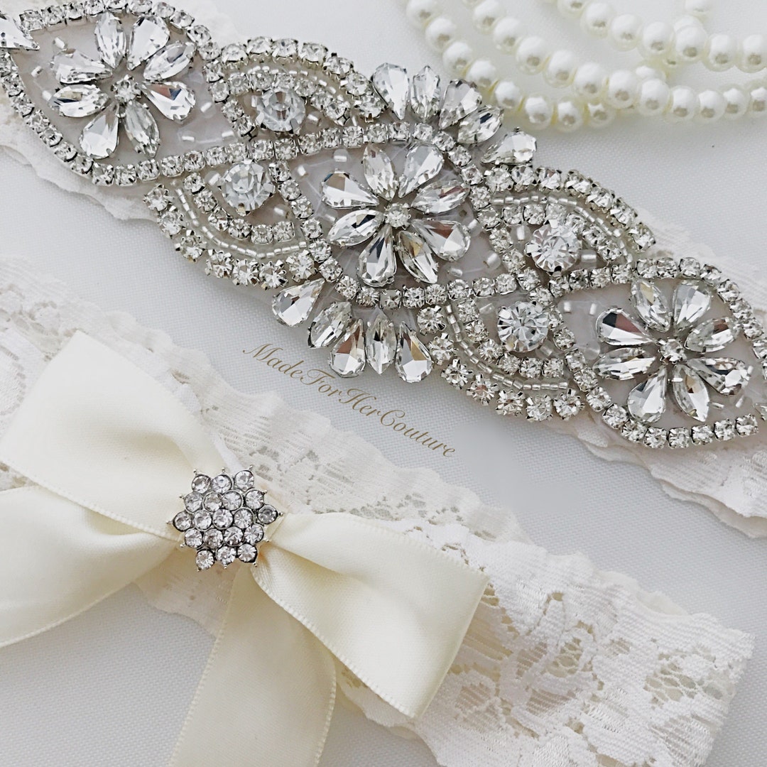 Rhinestone Ivory Lace Garter Set, Ivory Wedding Garter, Ivory Bridal ...