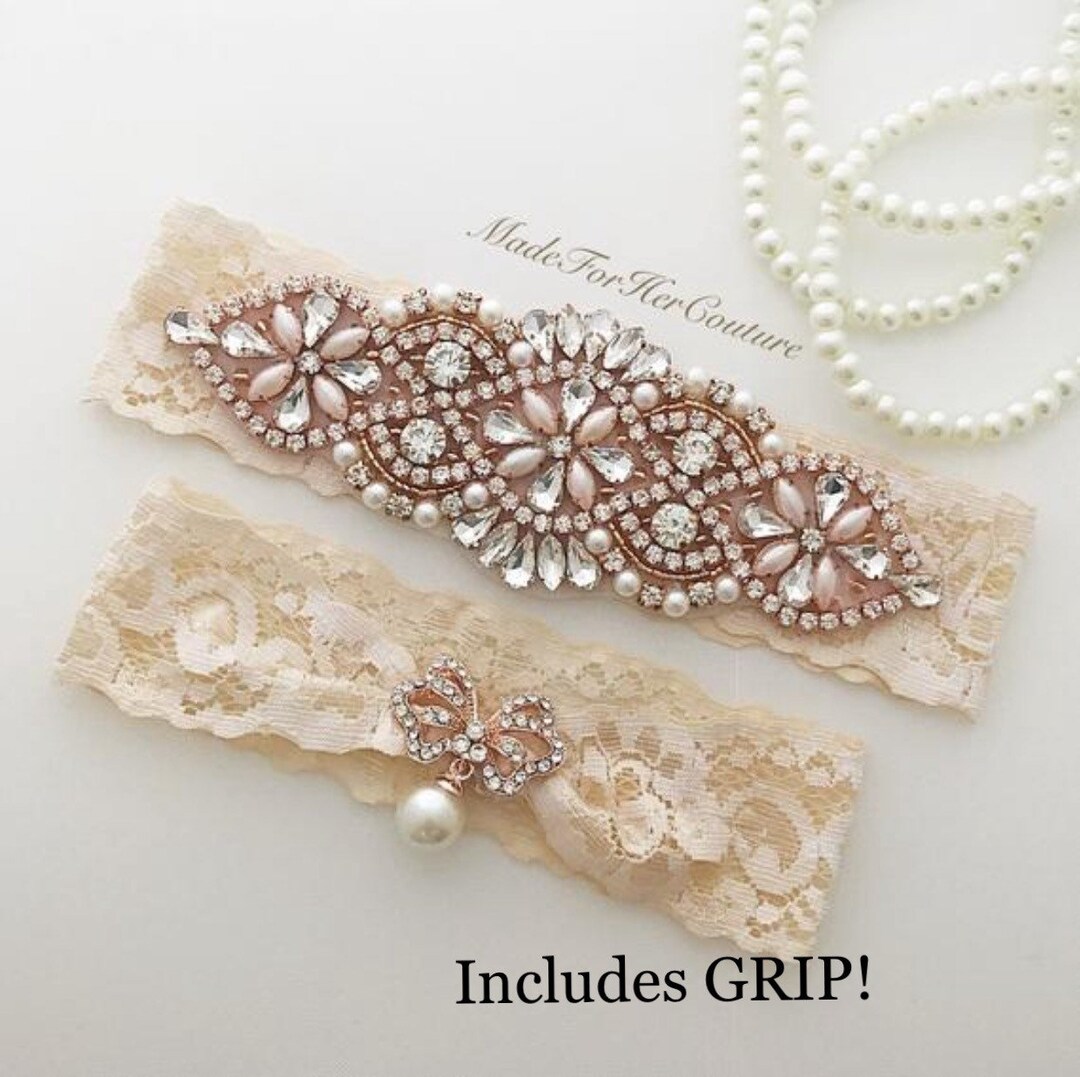 Rose Gold Wedding Garter Set: Rhinestone Pearl Bridal Garters - Etsy