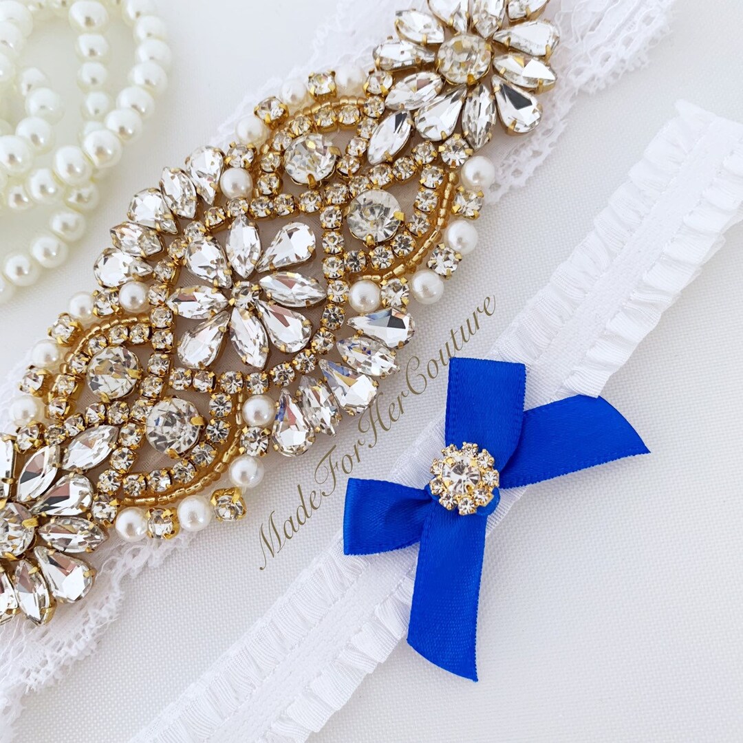Rhinestone Wedding Garter Set: Gold, White Lace & Blue Bow - Etsy