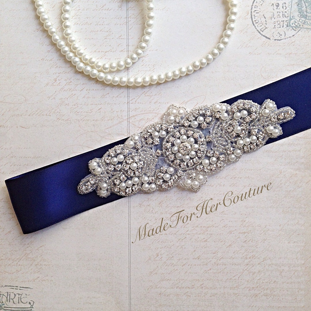 Navy Bridal Sash, Wedding Dress Sash-wedding Sash Belt-pearl Crystal ...