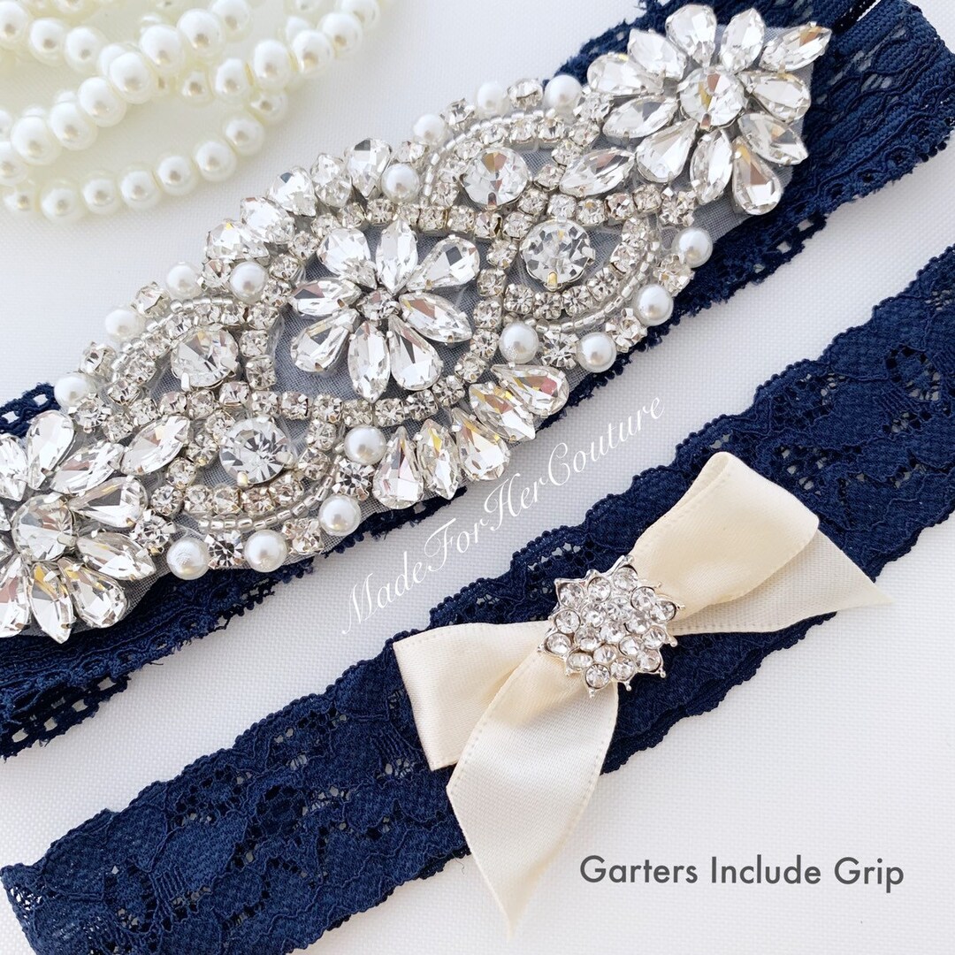 Luxurious Crystal, Pearl, Rhinestone Wedding Garter Set on Navy Blue ...