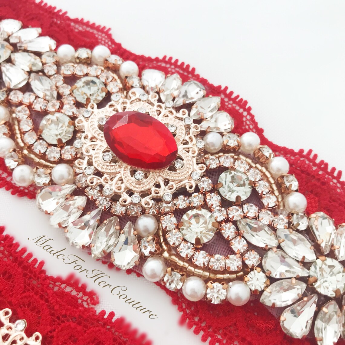 Red Lace Wedding Garter Set: Rose Gold Rhinestone Bridal Garters - Etsy