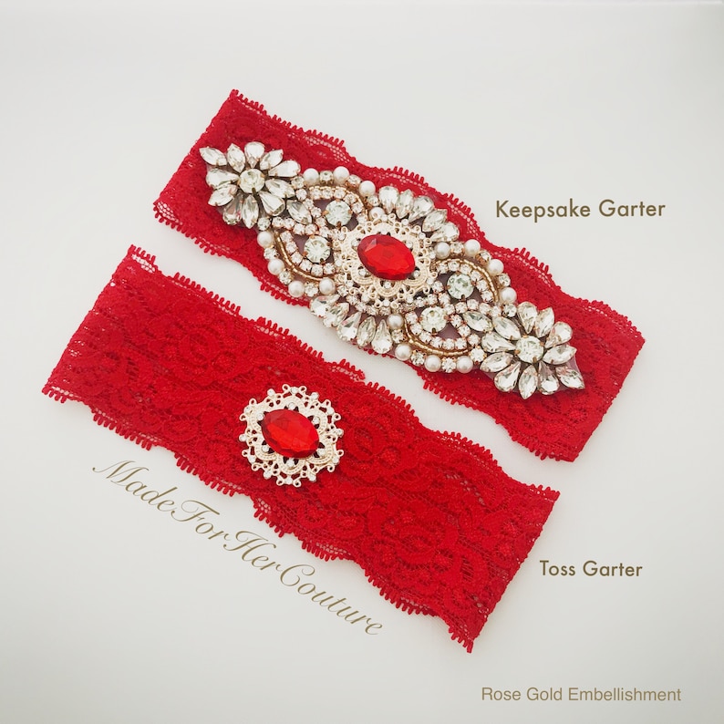 Red Lace Wedding Garter Set: Rose Gold Rhinestone Bridal Garters - Etsy
