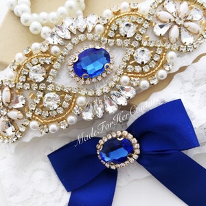 Royal Blue Garters for Wedding, Bridal Garter Set, Gold Garter for ...