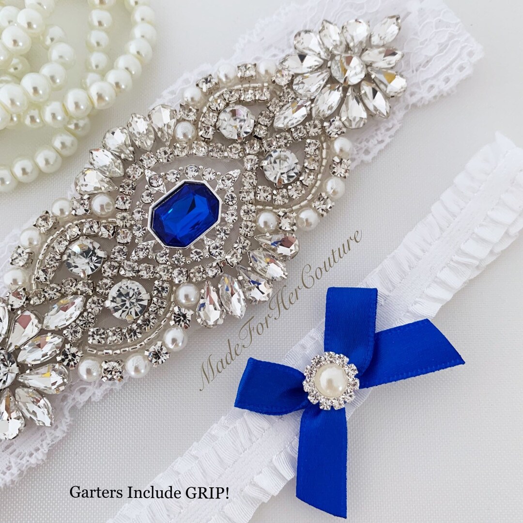 Royal Blue Wedding Garter Set: Rhinestone & Pearl Bridal Garters - Etsy