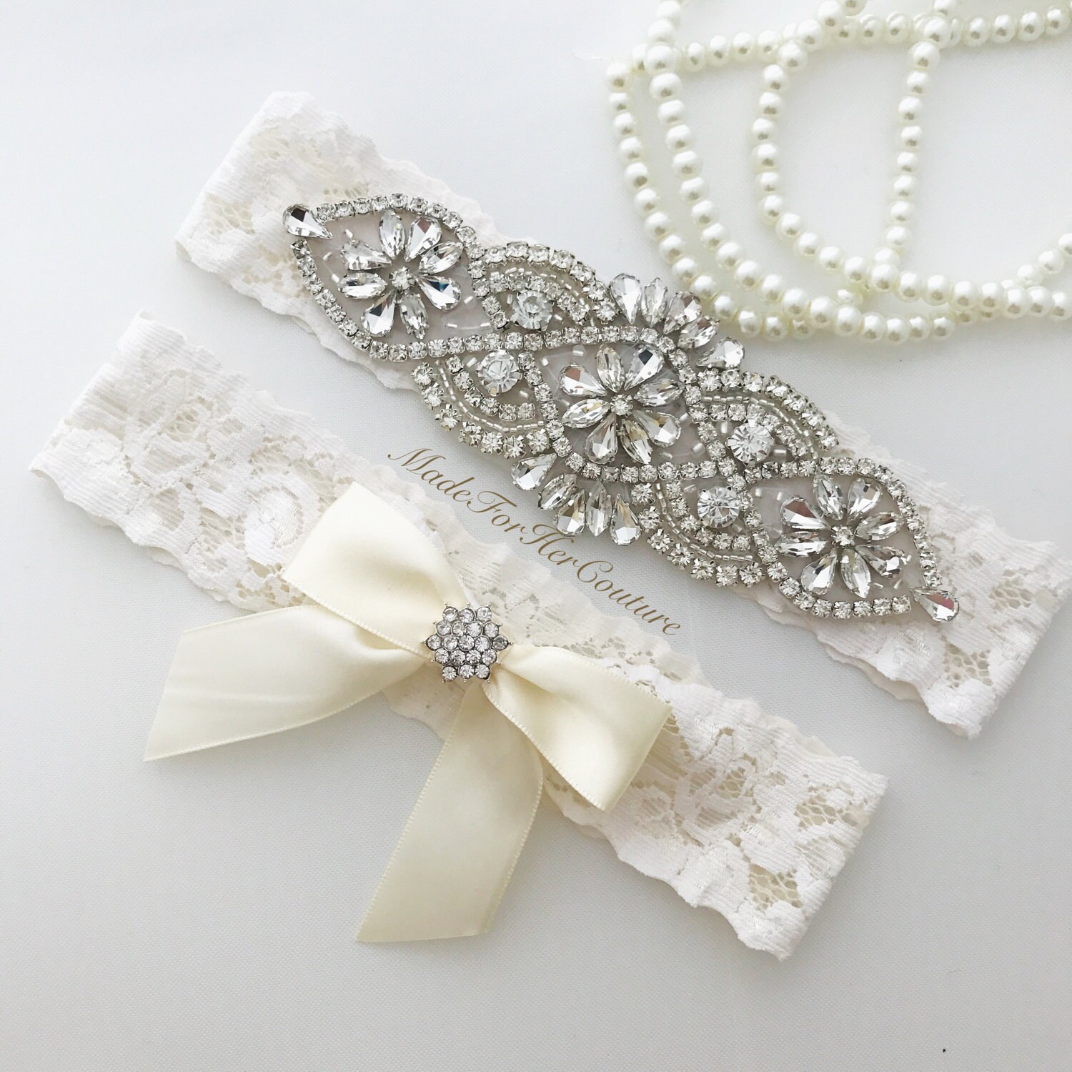 Rhinestone Ivory Lace Garter Set Ivory Wedding Garter Ivory | Etsy