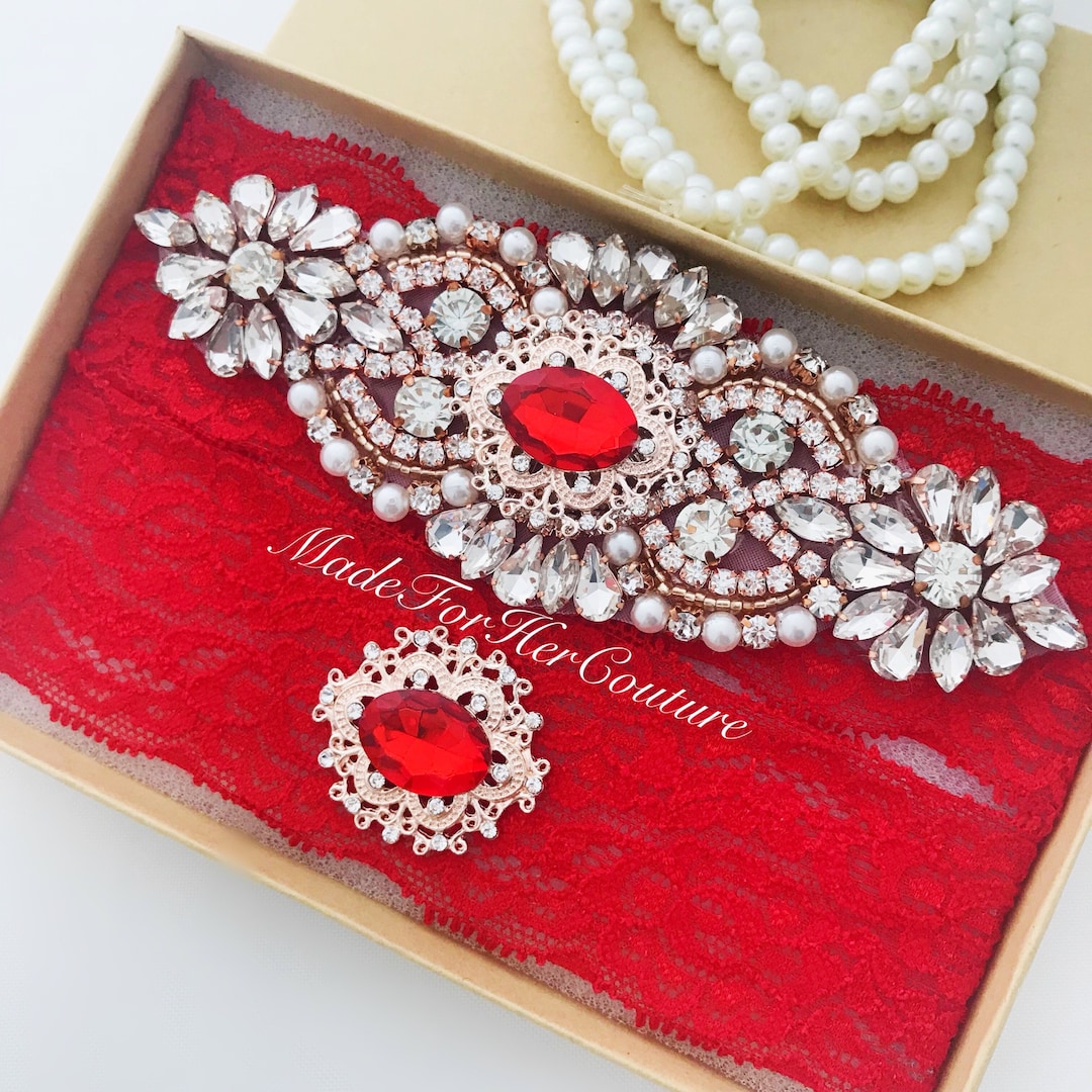 Red Wedding Garter, Bridal Garter Set, Red Garter Set, Red Lace Rose ...