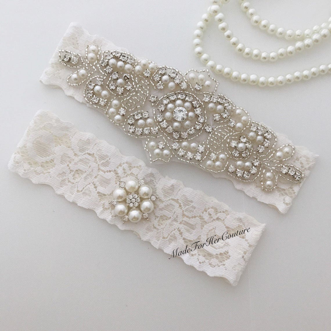 Pearl Rhinestone Wedding Garter Set: Bridal Lace Garters - Etsy