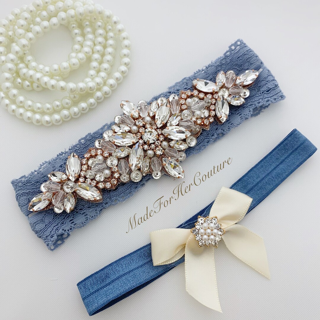 Rose Gold Rhinestone Wedding Garter Set: Antique Blue Bridal Garters - Etsy