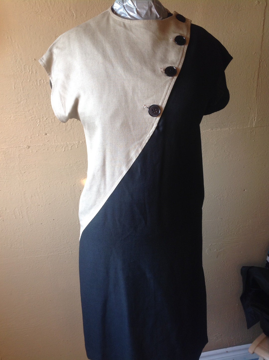 LEO CHEVALIER® Linen Haute Couture Dress, Vintage 1980, Black and Beige ...