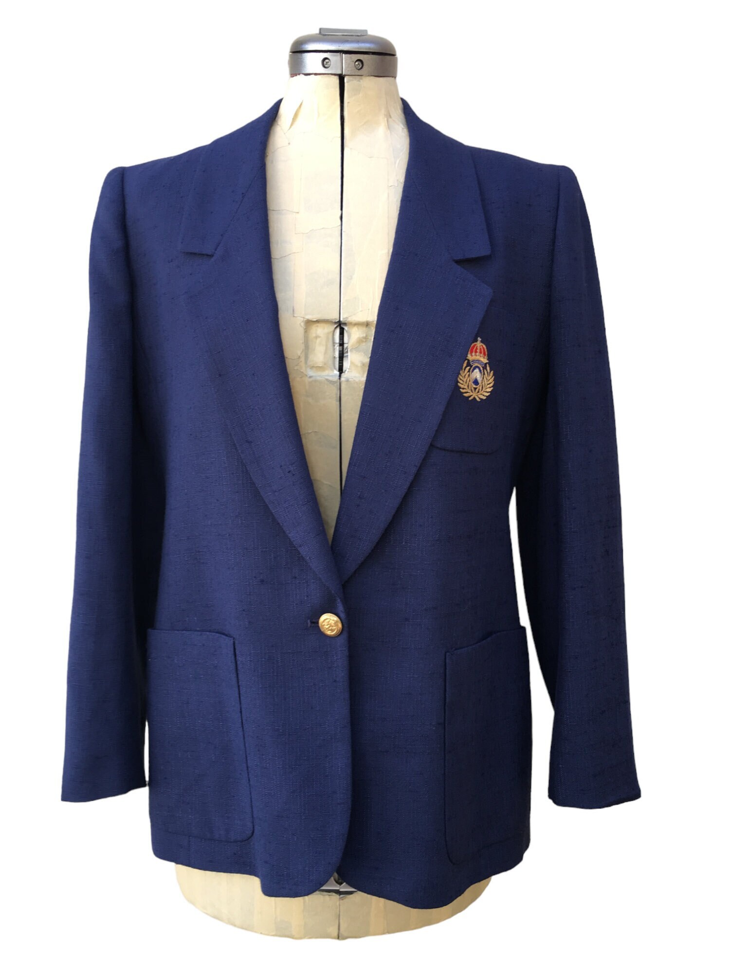 Navy Blue Rayon Crested Blazer Womens 6 Petite Small Vintage 80s Dark ...