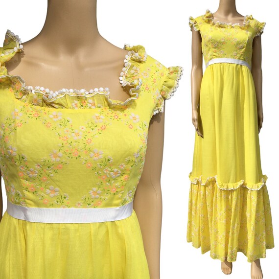 60s Sunshine Yellow Cottagecore Prairie Dress Size M … - Gem