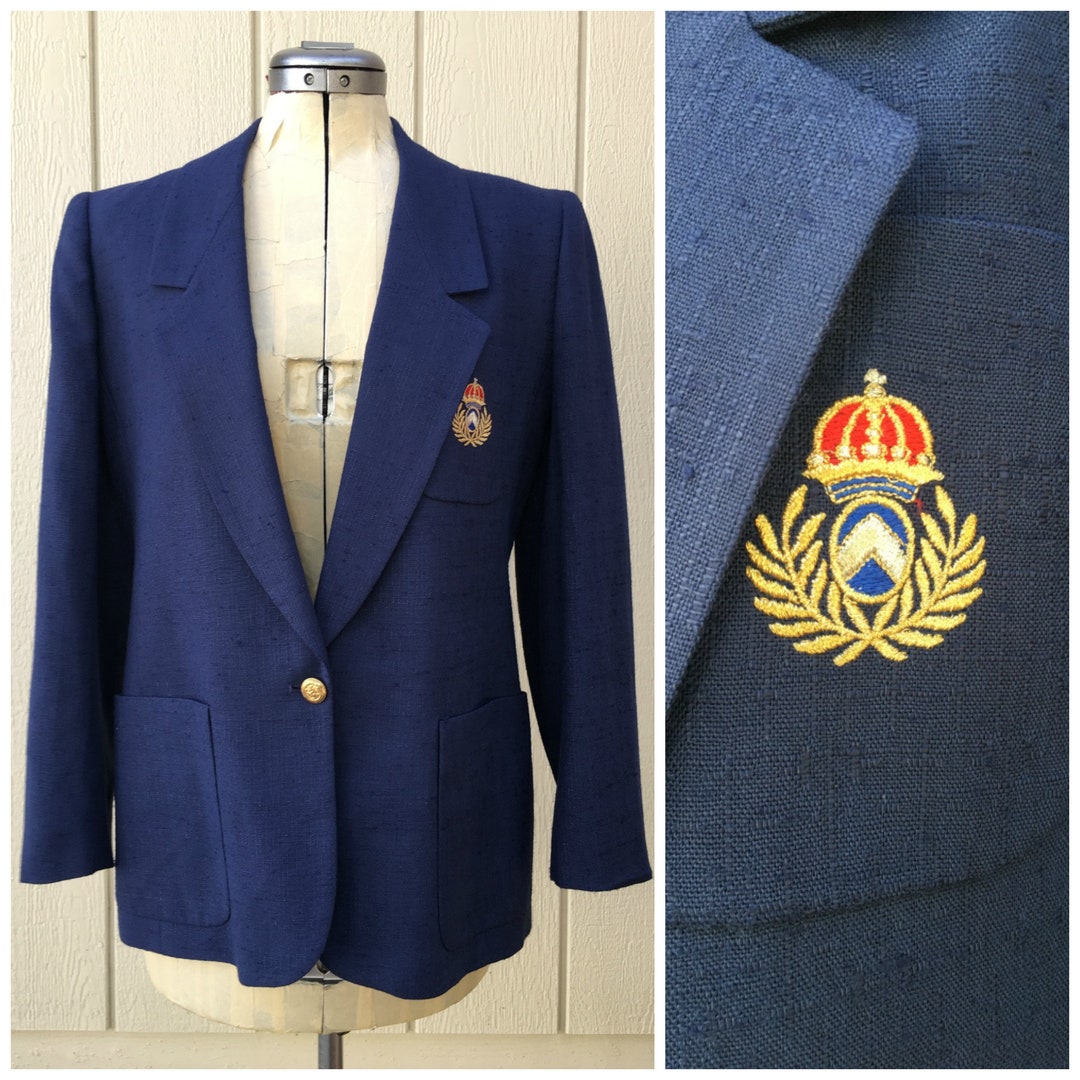 Navy Blue Rayon Crested Blazer Womens 6 Petite Small Vintage - Etsy Norway