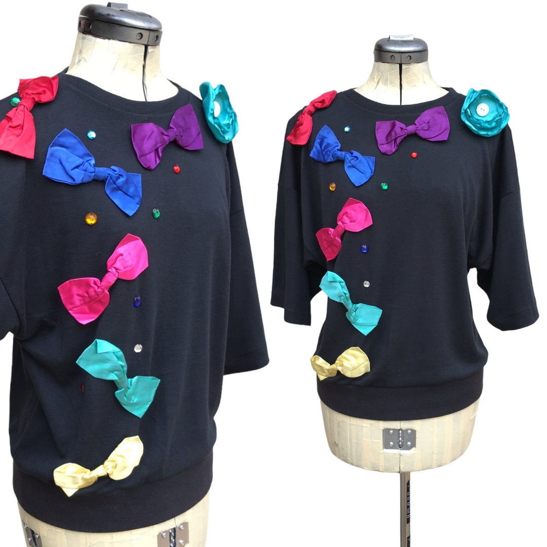 Vintage BONNIE BOERER Fun Black Top Decorated With Multi Color Bow and ...
