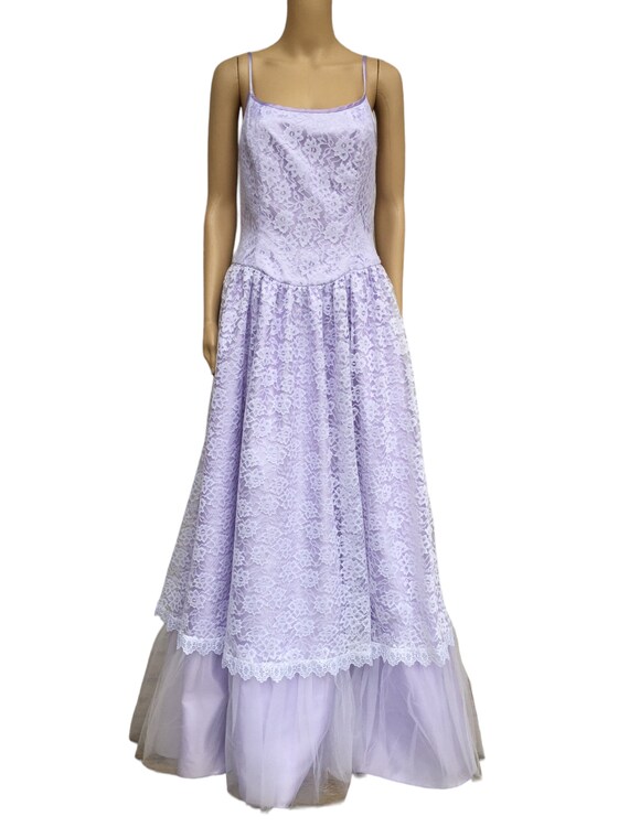 80s Cottagecore Purple Satin And White Lace Ball Gown… - Gem