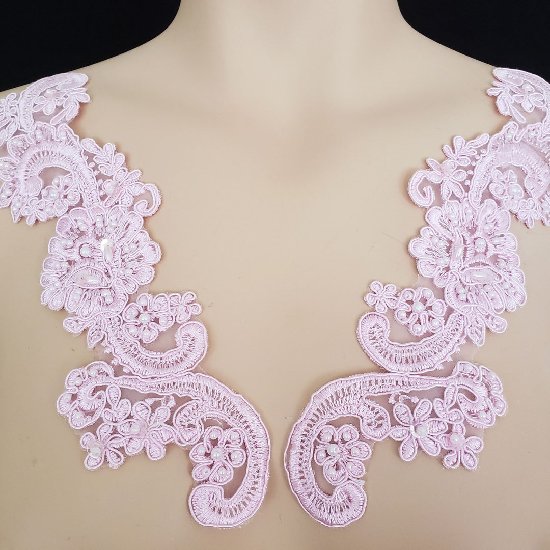 Pink Applique Beaded Pair Lace Embroidered Applique for Bridal ...