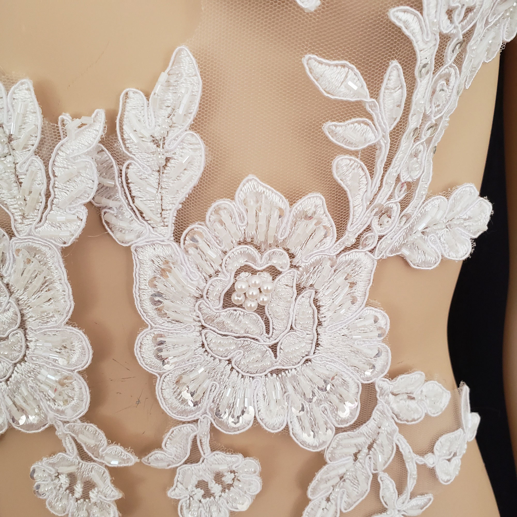 Whie Beaded Pair Lace Embroidered Applique for Bridal, Bridesmaid,sash ...