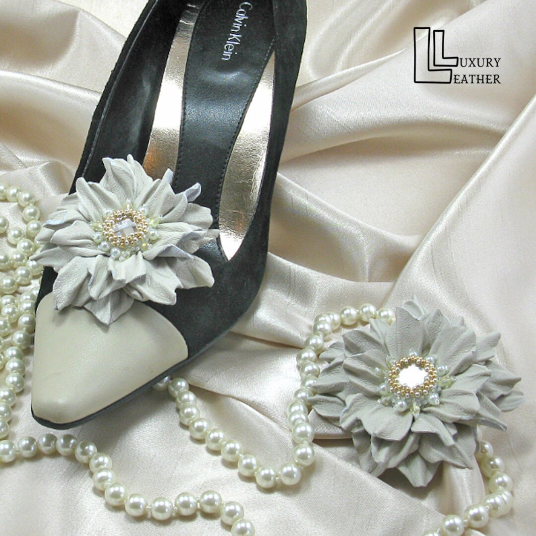 Leather Flower Shoe Clips, White Shoe Clips / Pins, Shoe Accessories ...