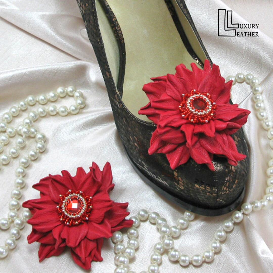 Leather Flower Shoe Clips, Dark Pink Shoe Clips / Pins, Shoe ...