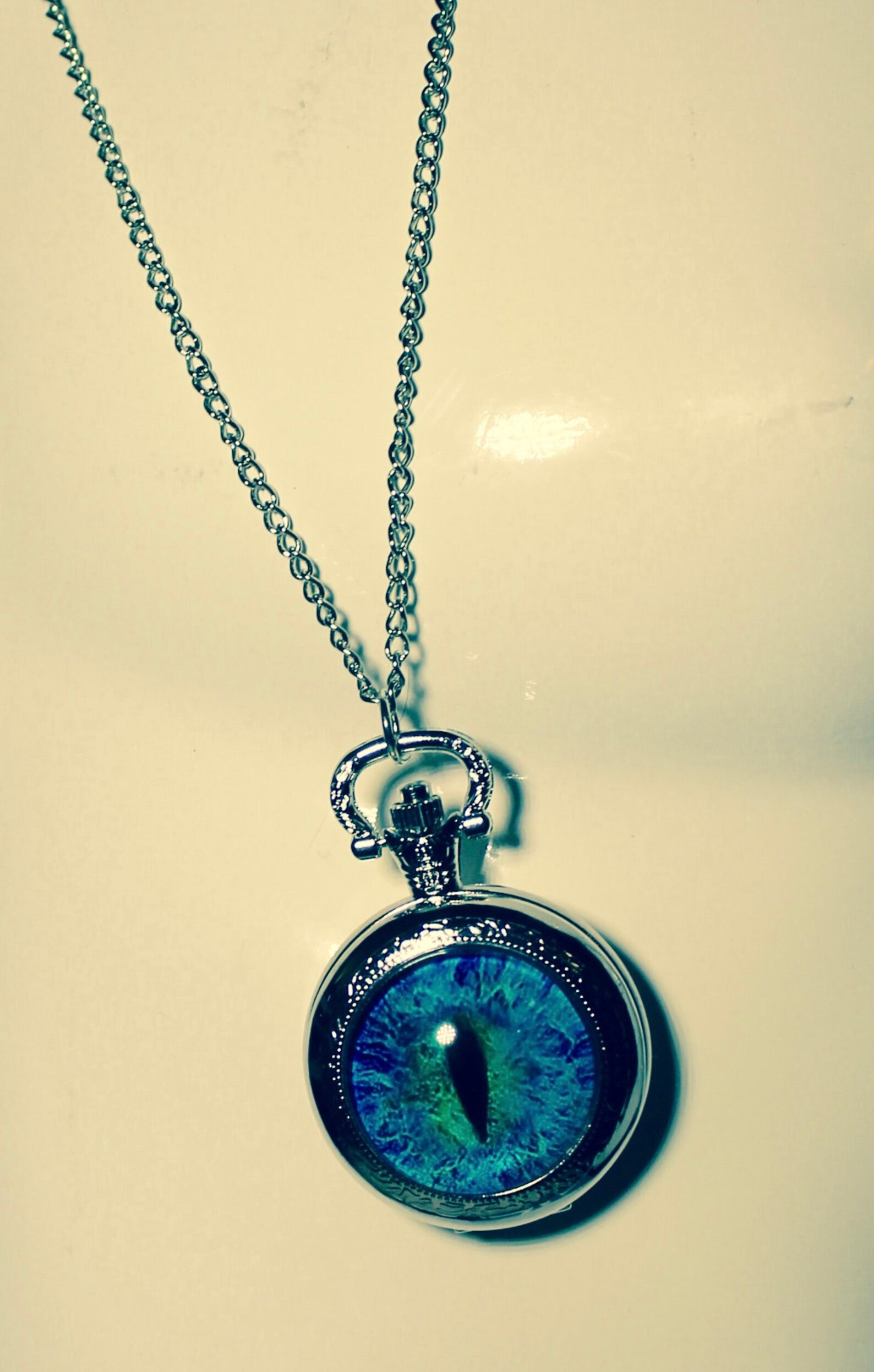 Vintage Colored Dragon Cat Eye Glass Cabochon Plated Long Chain Pendant ...