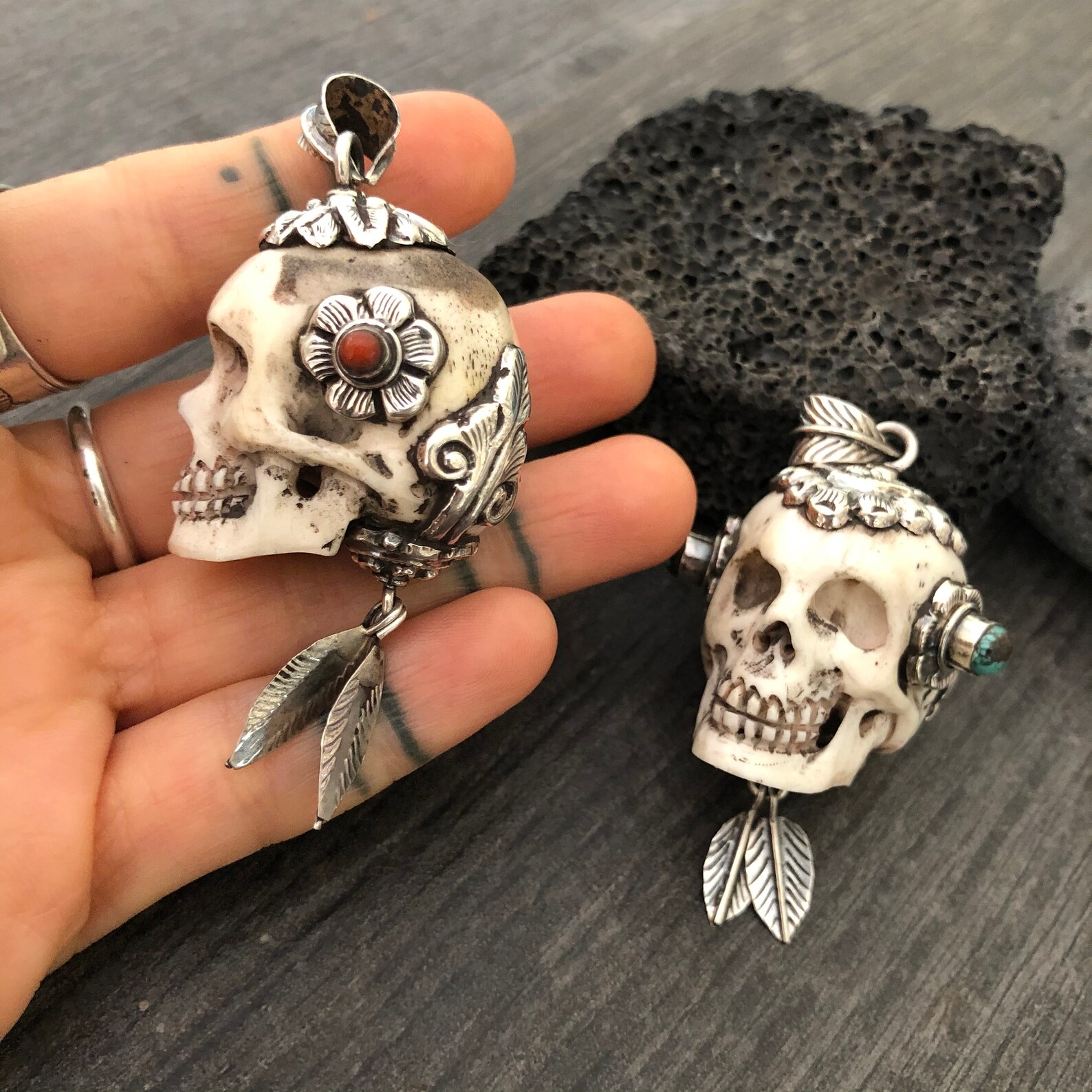 Skull Pendant Skeleton Necklace Biker Pendant Carved Bone Necklace Punk ...