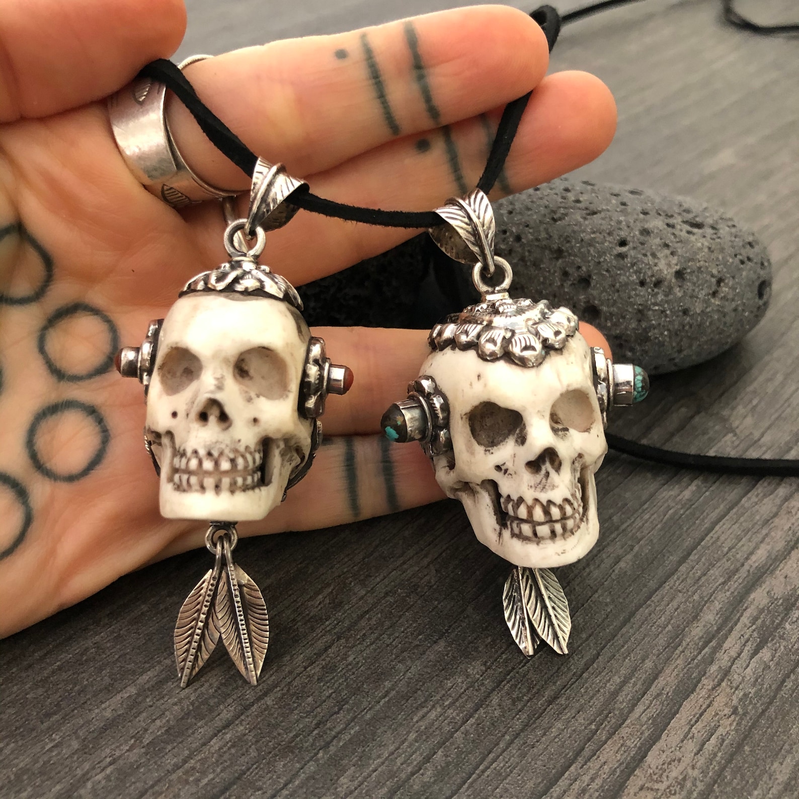 Skull Pendant Skeleton Necklace Biker Pendant Carved Bone Necklace Punk ...