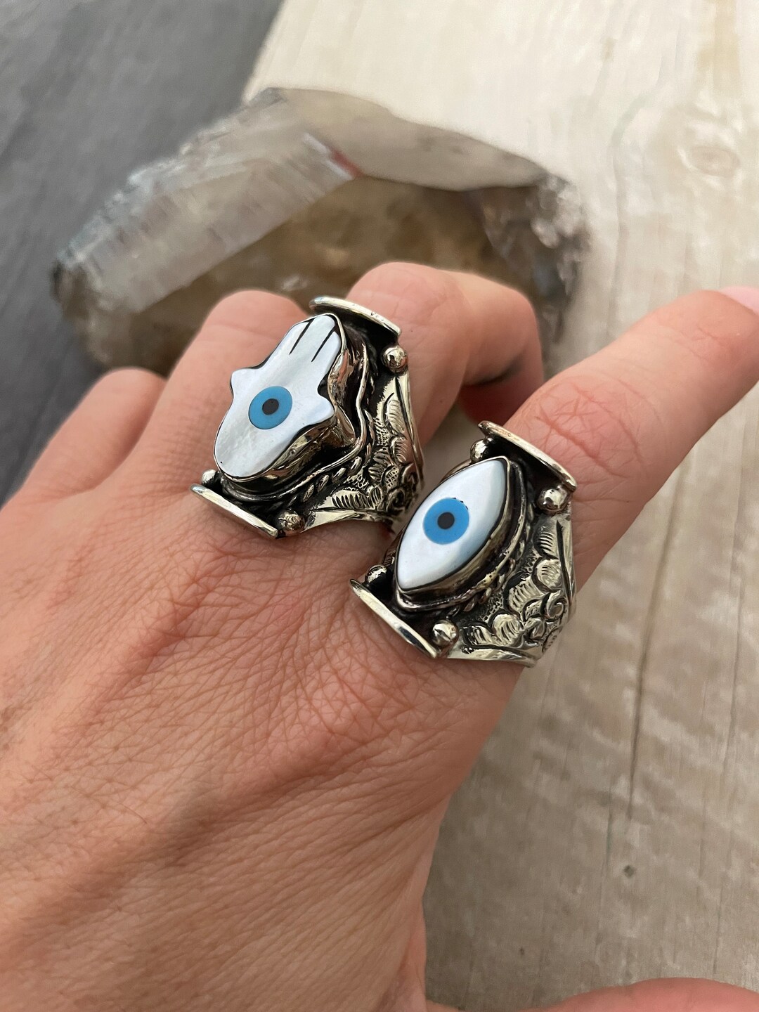 Evil Eye Ring Hamsa Ring Chunky Ring Mother of Pearl Ring Protection Ring Hamsa Hand Good Luck ...