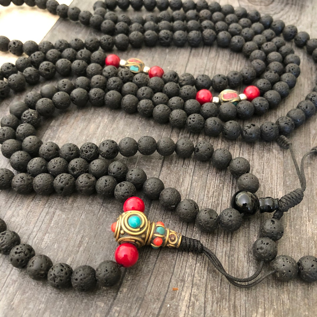 Black Mala Necklace Mala Beads 108 Lava Stone Necklace Lava Rock ...