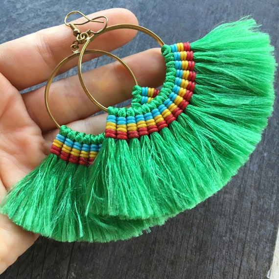 Dark green tassel earrings store