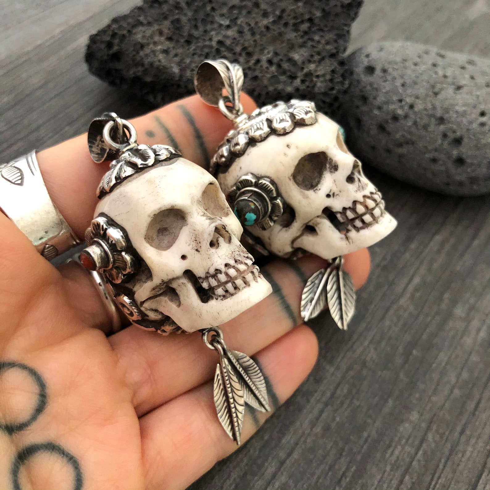 Skull Pendant Skeleton Necklace Biker Pendant Carved Bone Necklace Punk ...