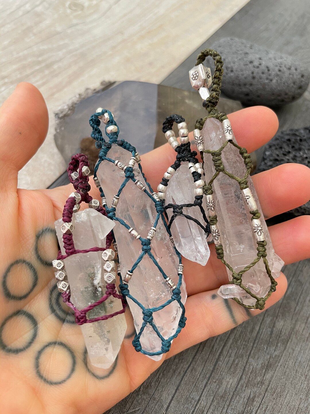 Crystal Necklace Macrame Necklace Big Pendant Necklace Macrame Pendant ...