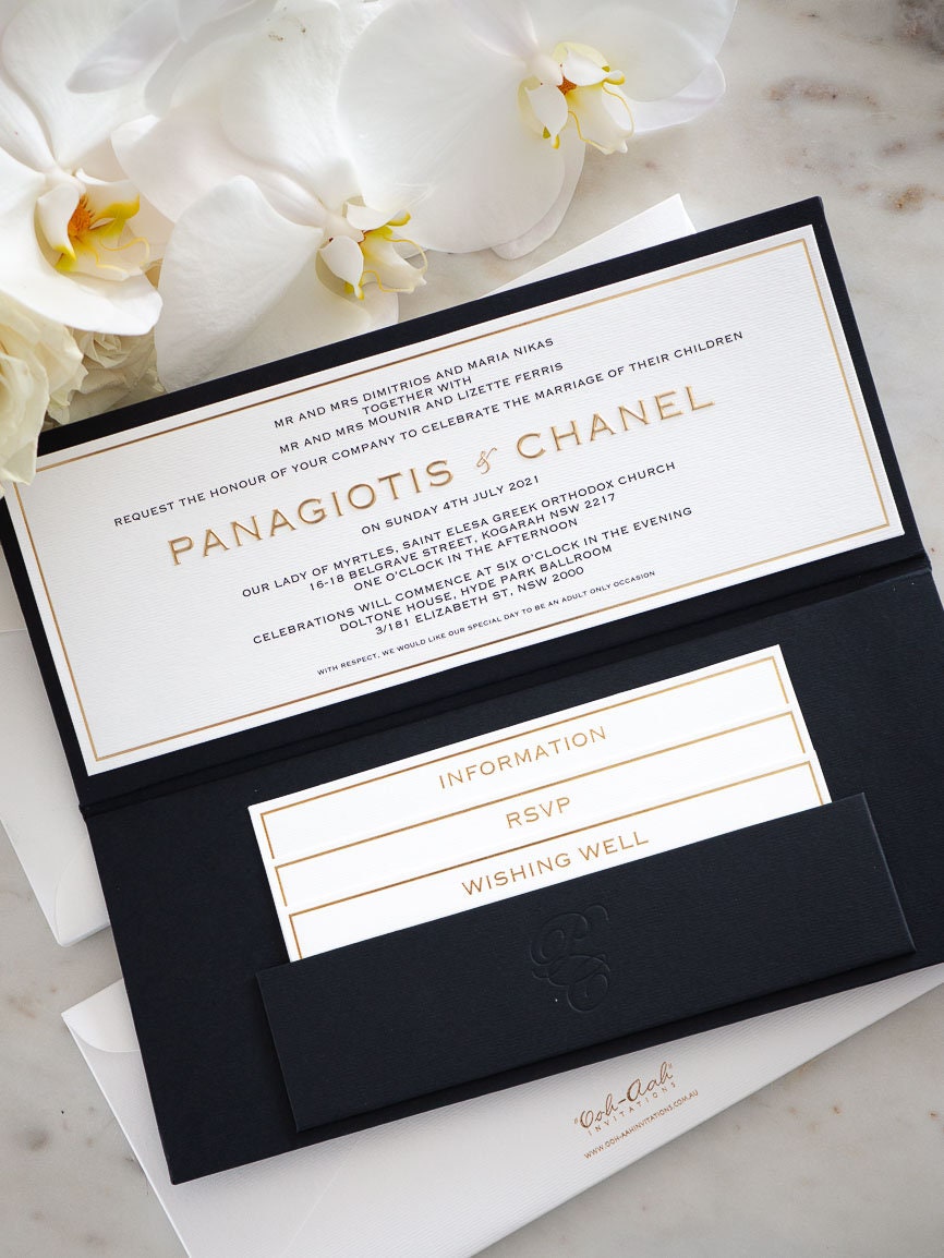 Modern Black and Gold Wedding Invitation Booklet, Elegant Black Wedding ...