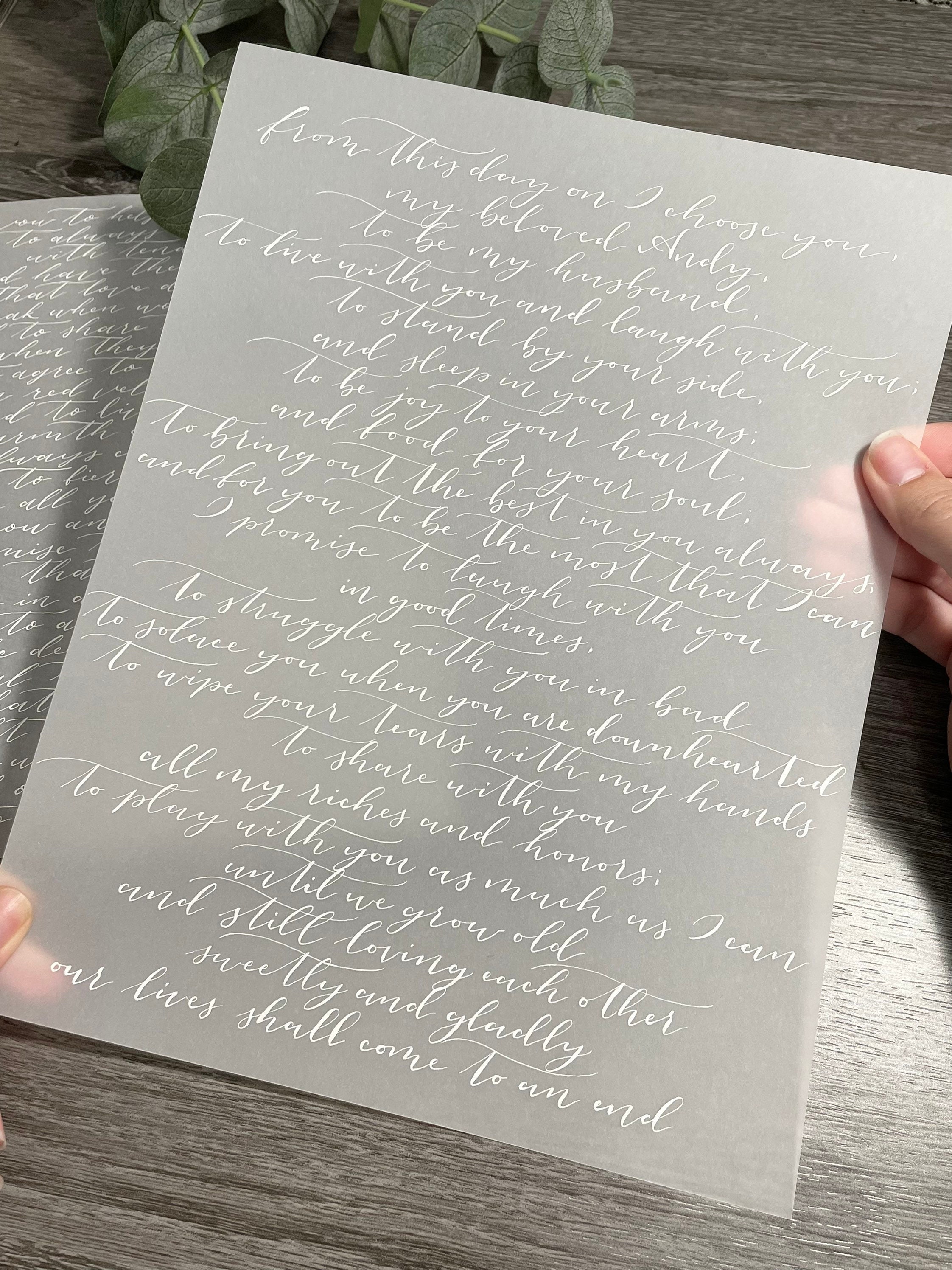 Custom Calligraphy Wedding Vows/ Love Letter - Clear Vellum ...
