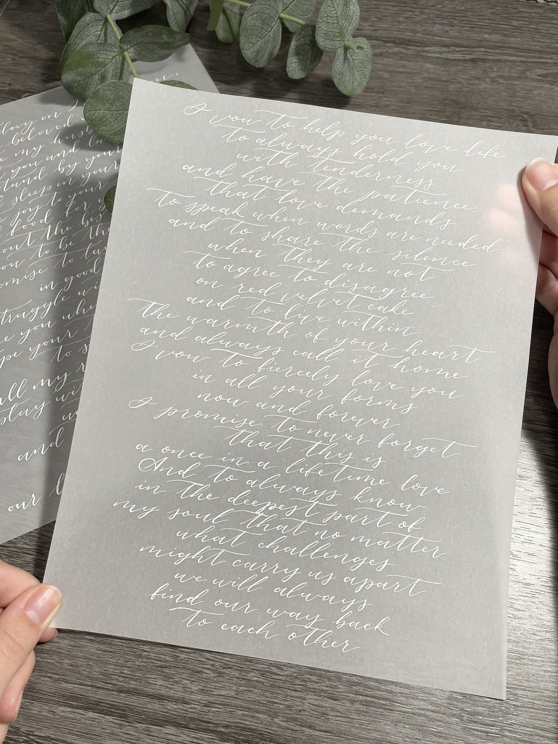 Custom Calligraphy Wedding Vows/ Love Letter - Clear Vellum ...