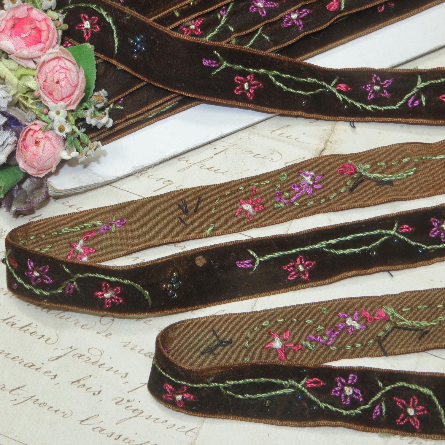 Vintage EMBROIDERED CHOCOLATE BROWN Velvet Ribbon Rayon - Etsy