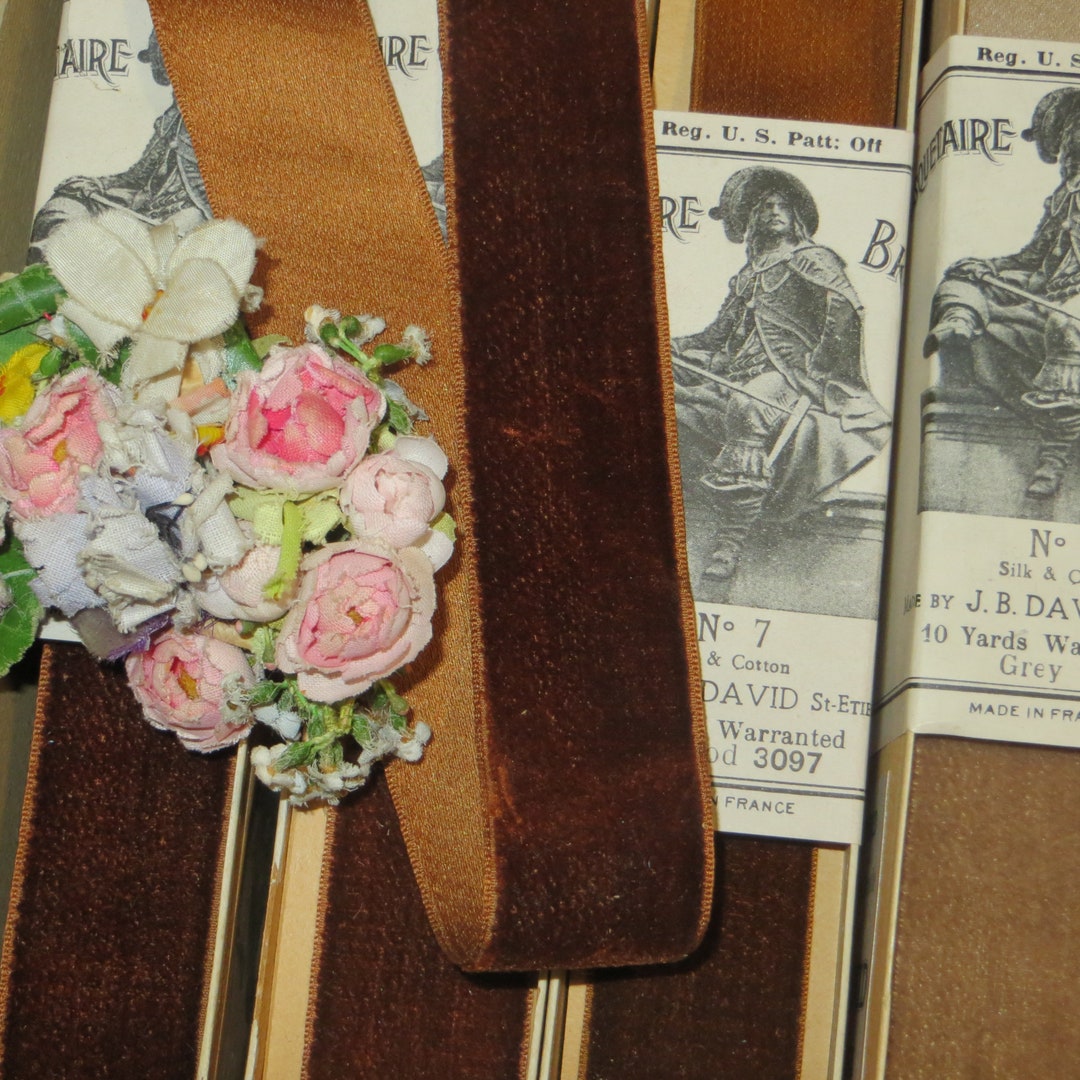 1y ANTIQUE SILK VELVET Oakwood Brown 1 1/8 French Ribbon Trim Edwardian ...