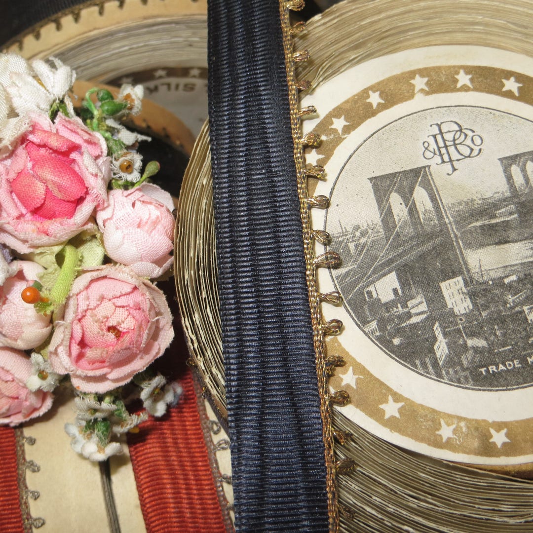 1y 1920s BLACK SILK METAL French Moire Picot Ribbon 5/8" Trim Metallic ...