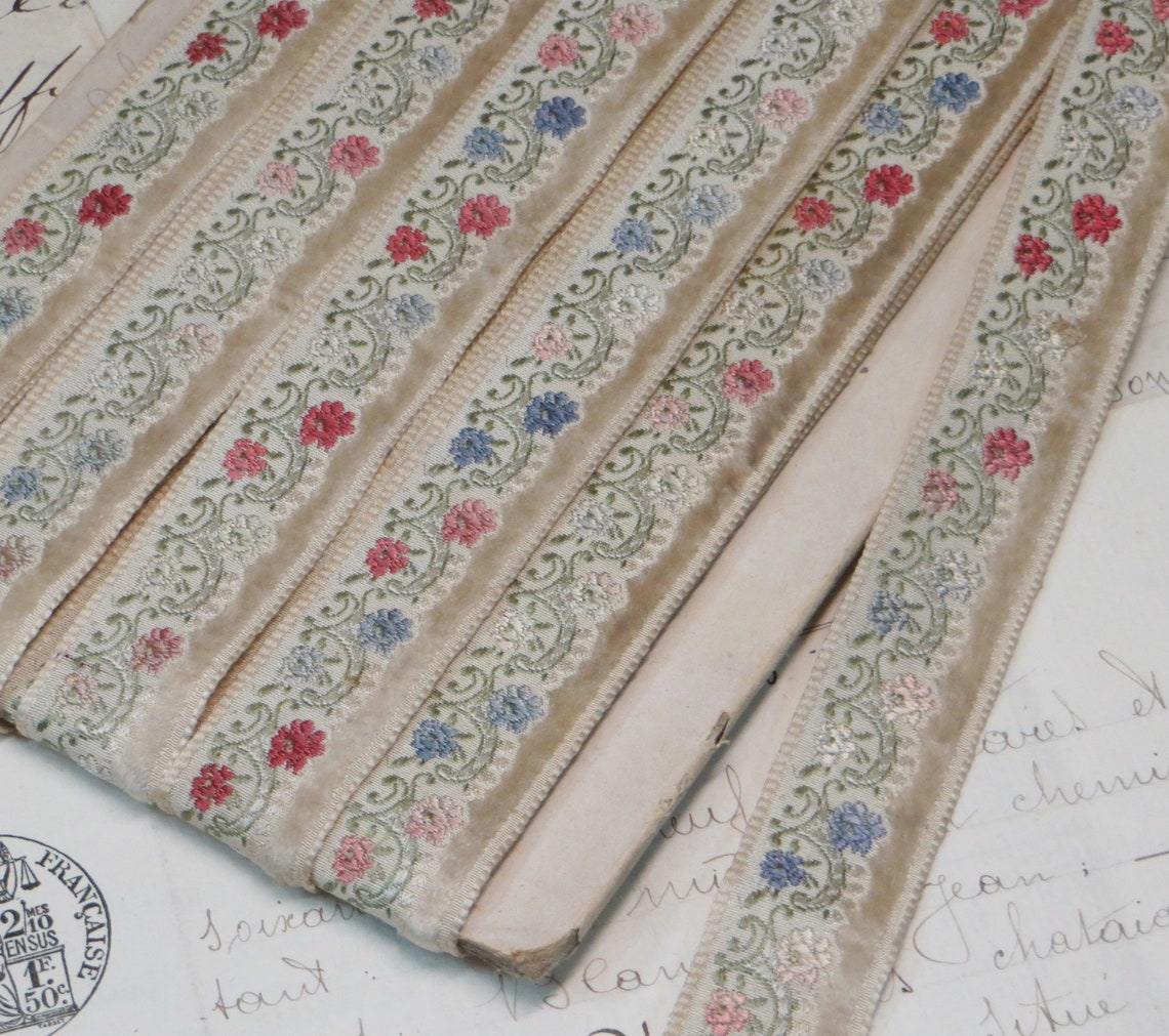 1y EDWARDIAN JACQUARD VELVET Ribbon Tag: Antique French Brocade Flower ...