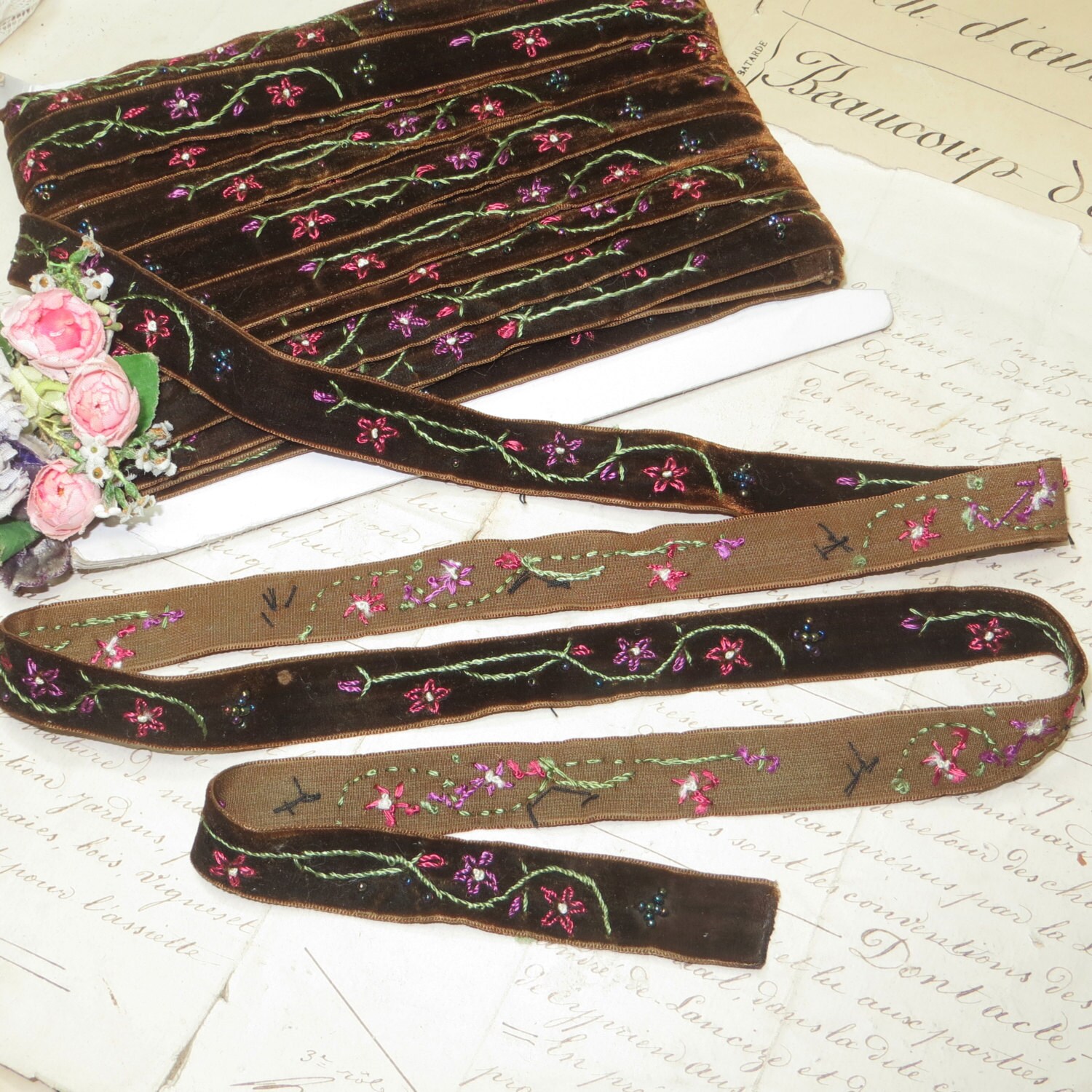 Vintage EMBROIDERED CHOCOLATE BROWN Velvet Ribbon Rayon - Etsy