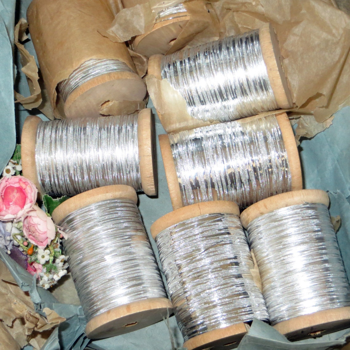 Antique French Silver Bullion Thread Spool, Embossed Diamond Pattern ...