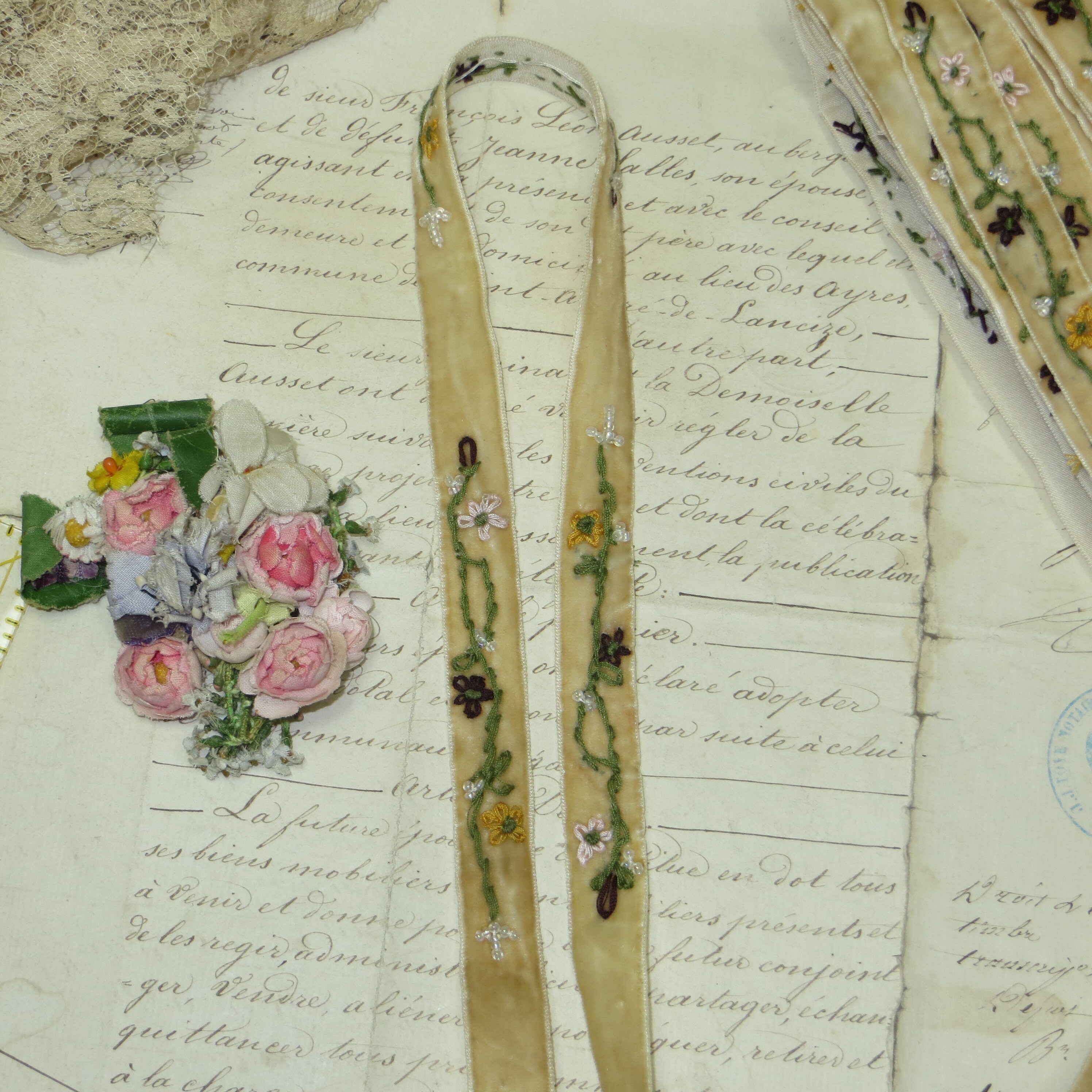 1y BEIGE IVORY BEADED Velvet Ribbon 5/8 Antique French | Etsy