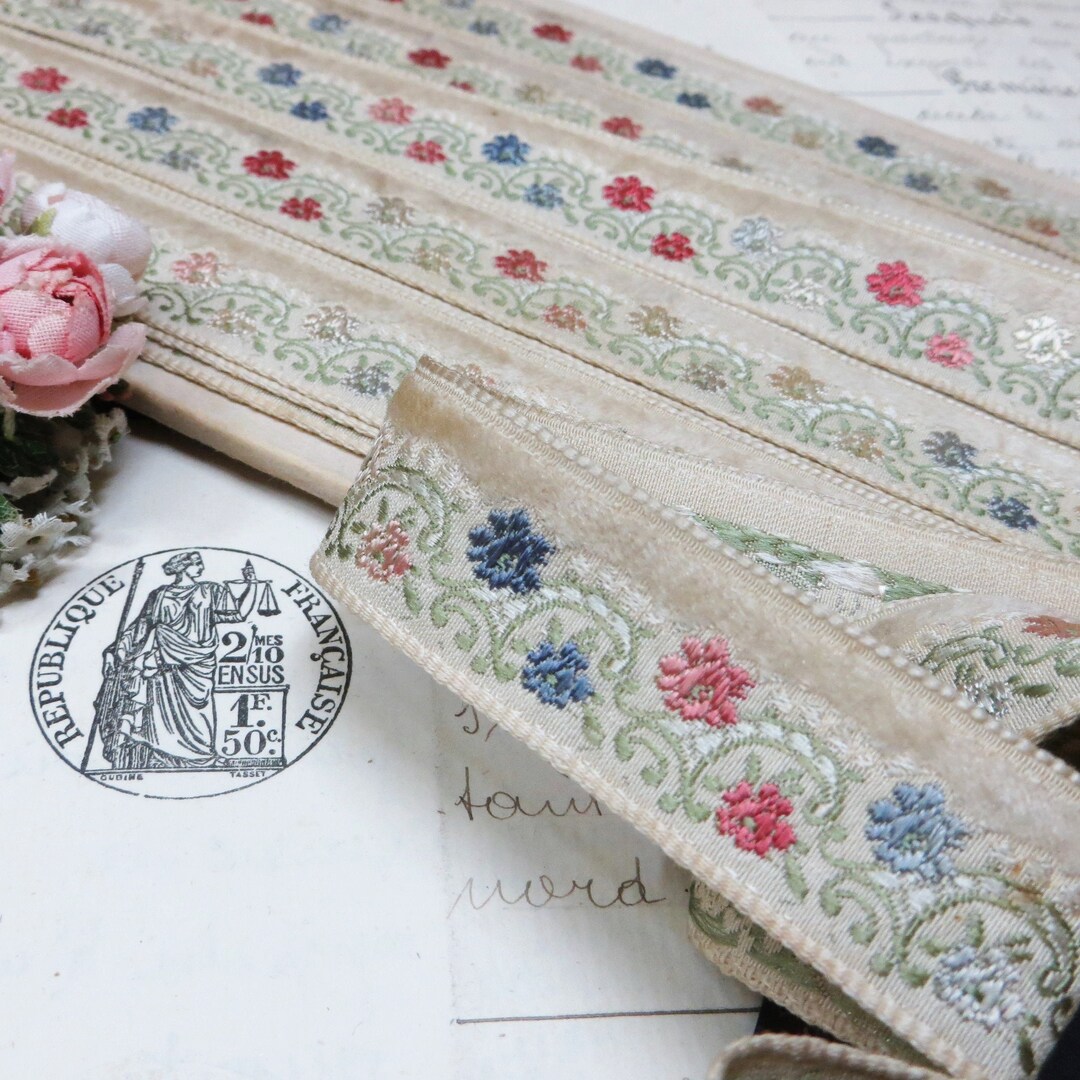 1y EDWARDIAN JACQUARD VELVET Ribbon Tag: Antique French Brocade Flower ...