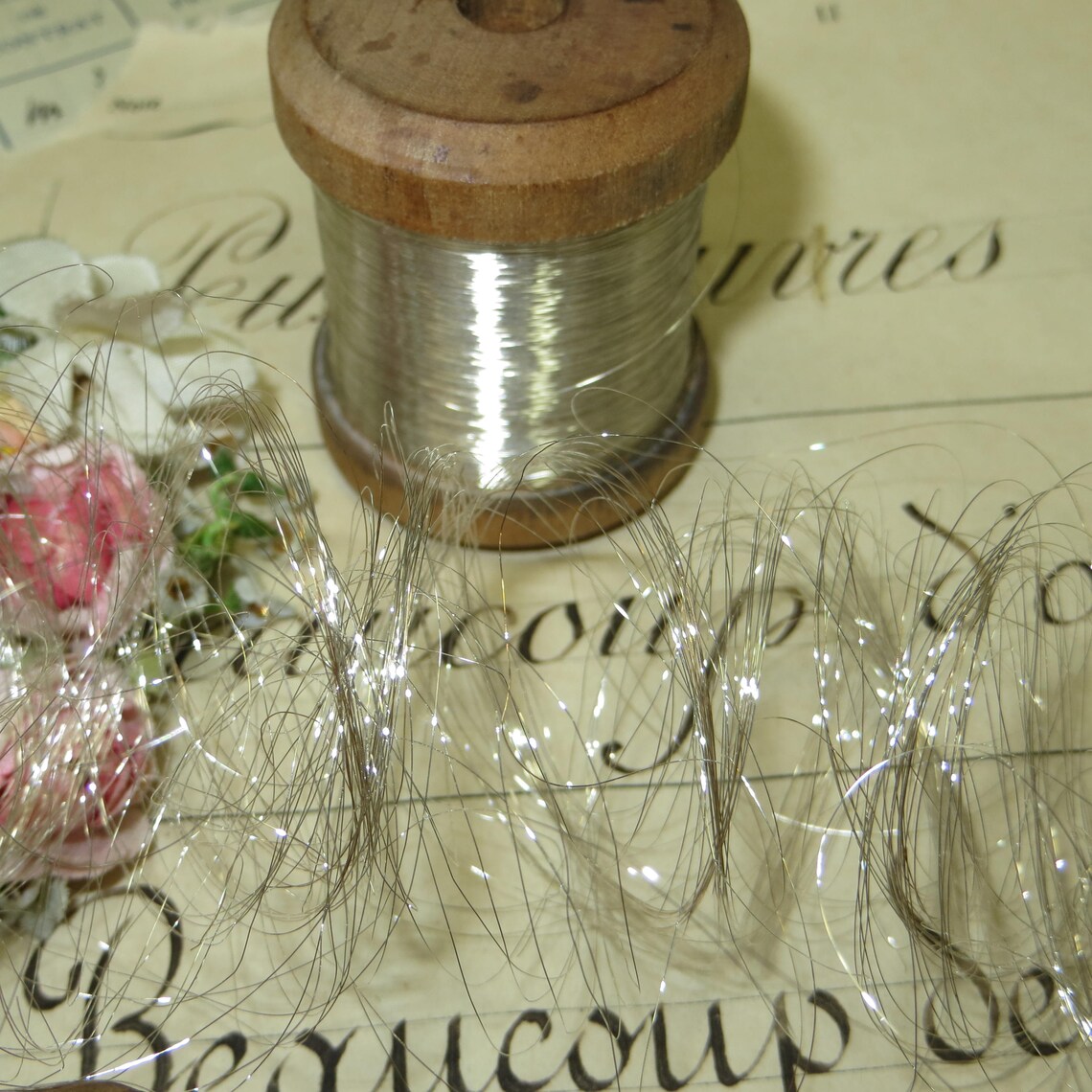 FRENCH SILVER METAL Spool Metallic Wire Thread Floss Bullion Cord Trim ...