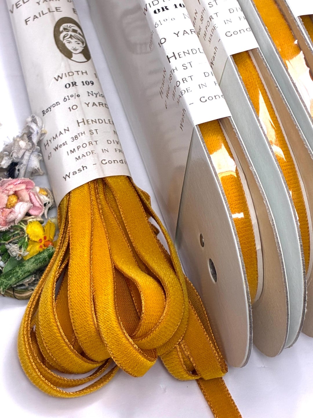 1 Bolt French Velvet Ribbon Golden Varsity Yellow Rayon Trim, Vintage ...