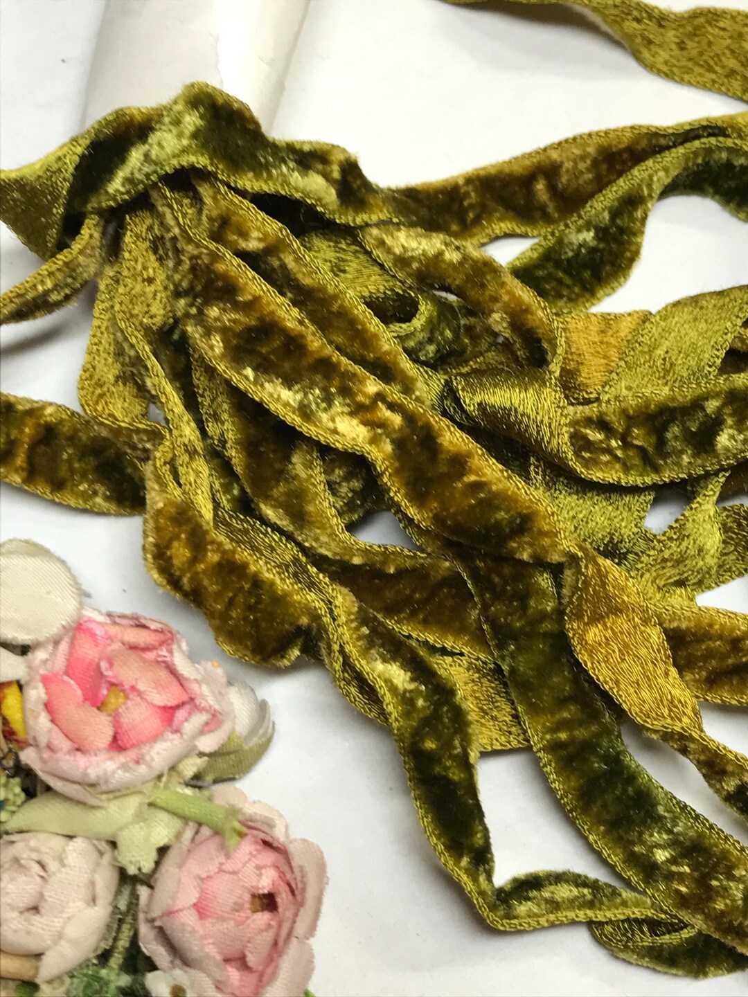1y OLIVE GREEN GOLD Crushed Velvet Ribbon Tag: French Velvet Ribbon ...